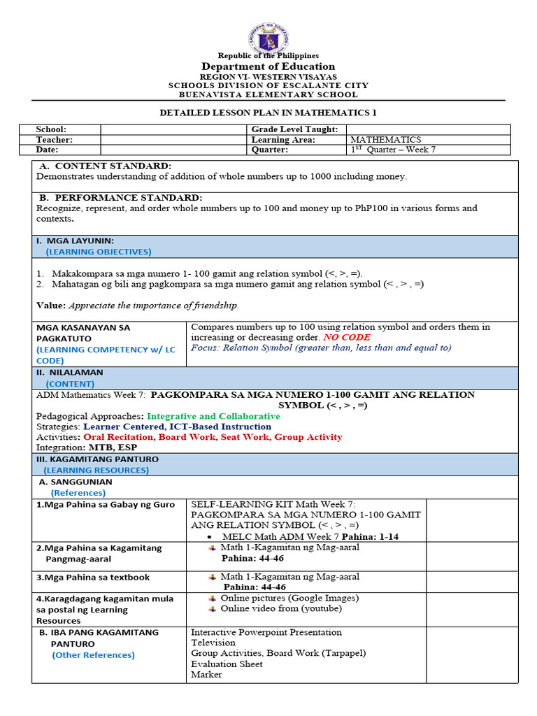 COT Q1 Math1 WEEK7 DLP-final | PDF | Pedagogy | Learning