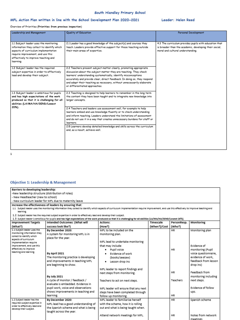 MFL Action Plan 20 21 | PDF | Language Education | Curriculum