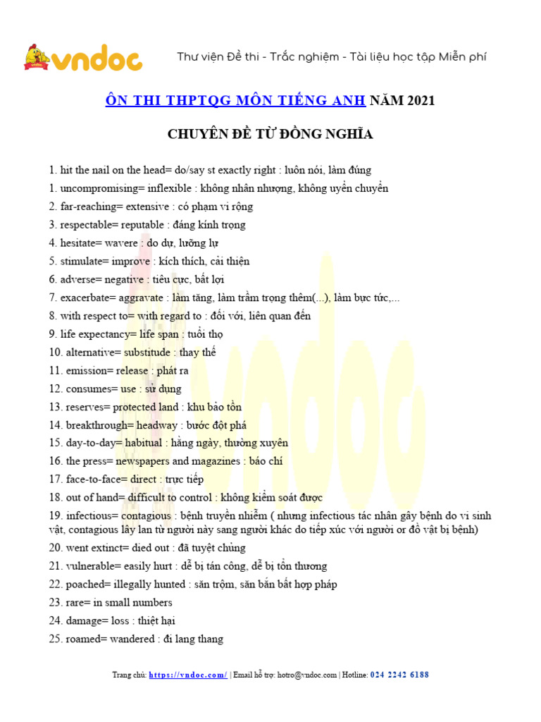 100 Cum Tu Dong Nghia Thi THPT Quoc Gia 2021 Mon Anh | PDF