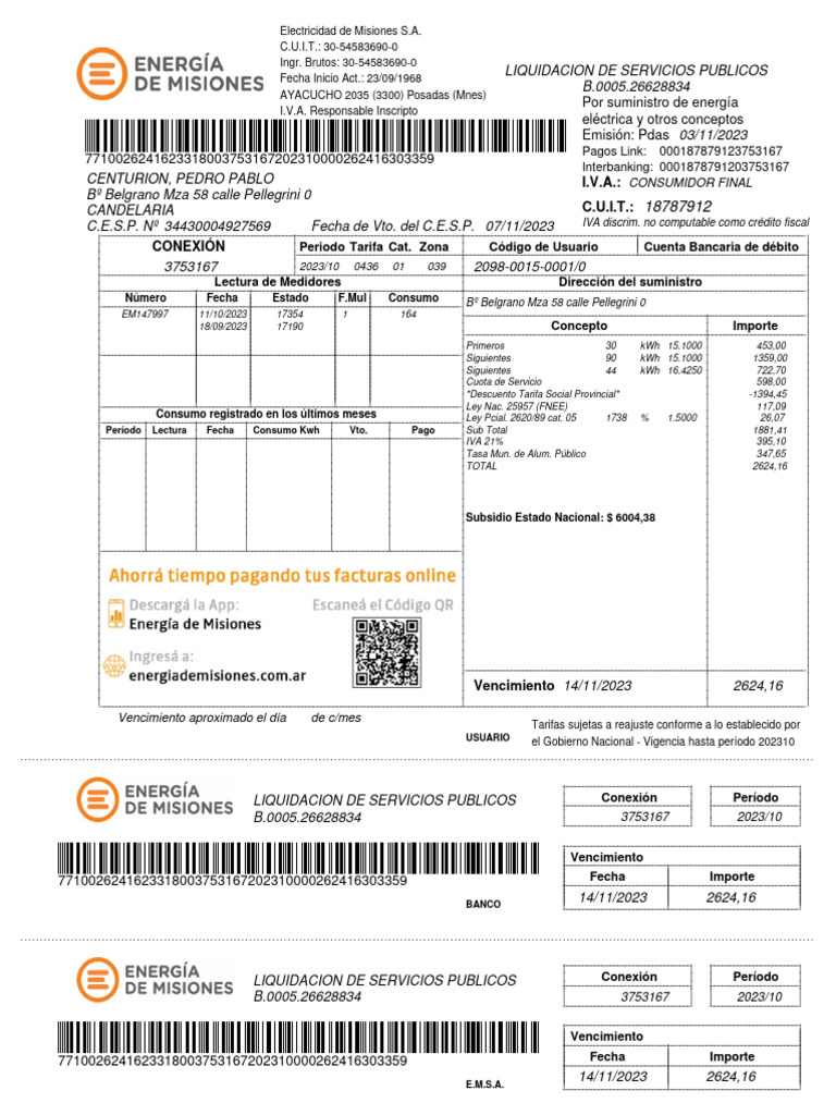 I.V.A.: C.U.I.T.:: Por Suministro de Energía Eléctrica y Otros Conceptos Emisión: Pdas | PDF ...