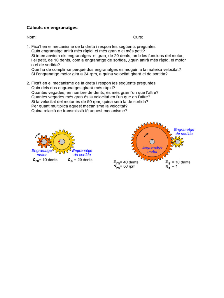 Qüestionari Càlcul Engranatges | PDF