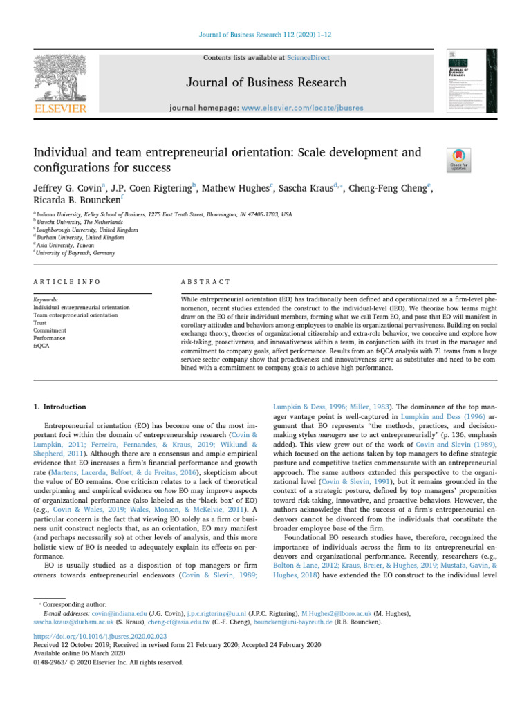 Individual and Team Entrepreneurial Orientation Scale Development and Configurations For Success ...