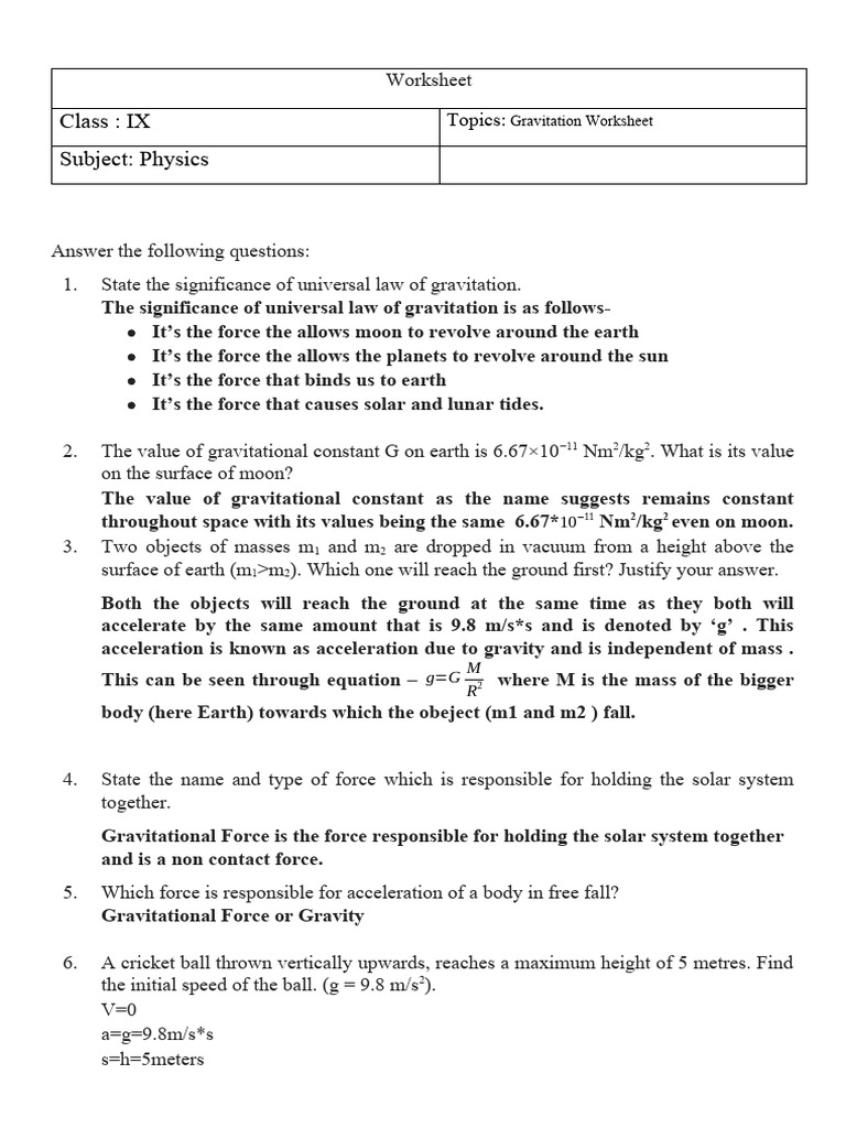 Physics Worksheet | PDF | Weight | Gravity