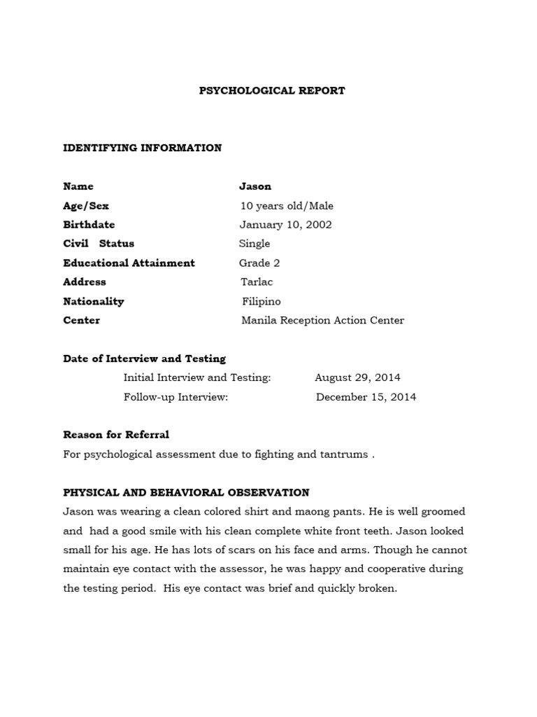 Psychological ReportJASON 1 | PDF | Psychological Concepts | Behavioural Sciences