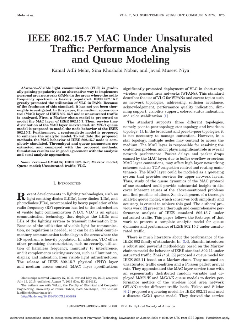 IEEE 802.15.7 MAC Under Unsaturated Traffic: Performance Analysis and Queue Modeling | PDF ...