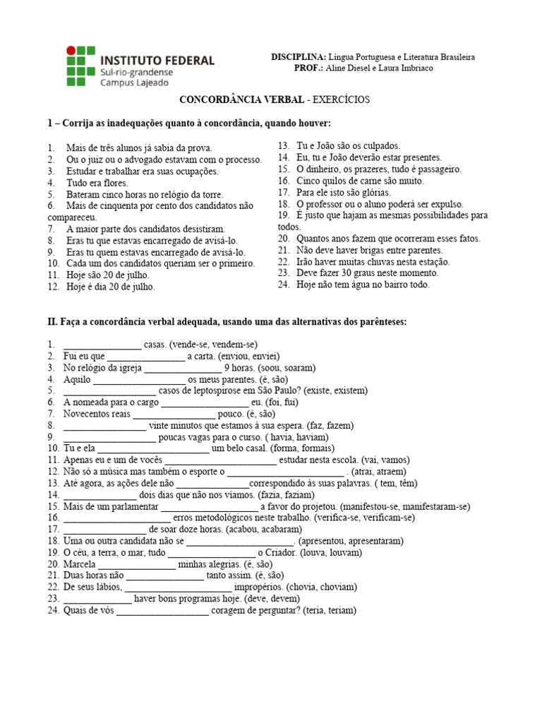 CONCORDÃNCIA VERBAL - Exercícios | PDF