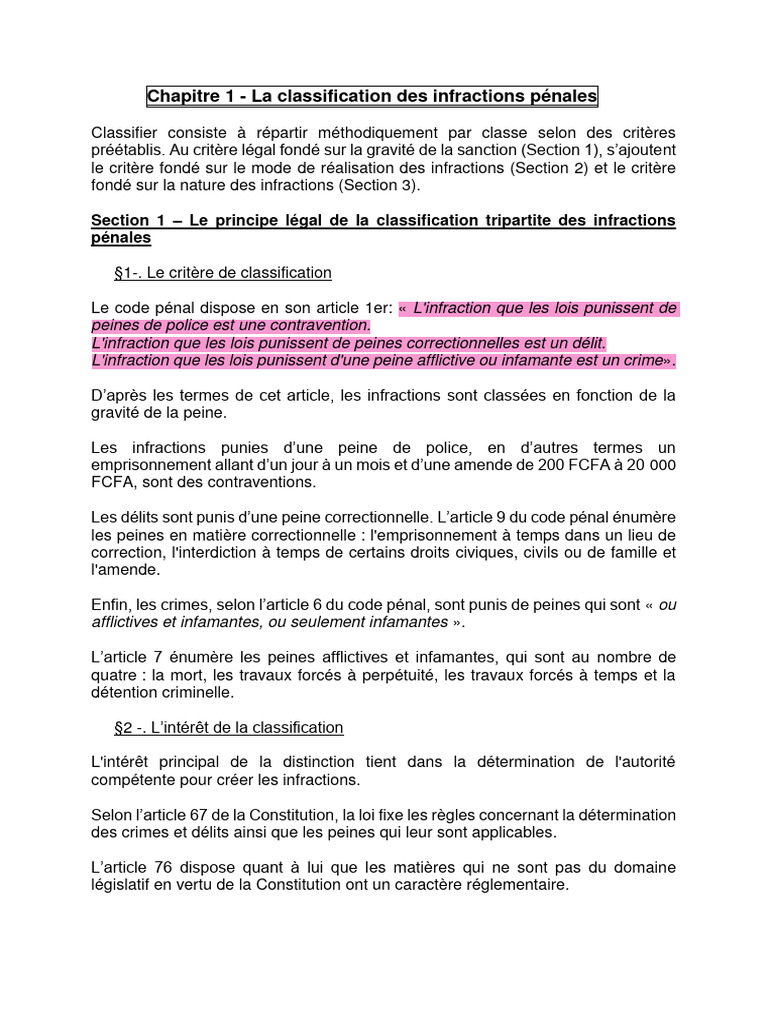 Chapitre 1 - La Classification Des Infractions Pénales | PDF | Crimes ...