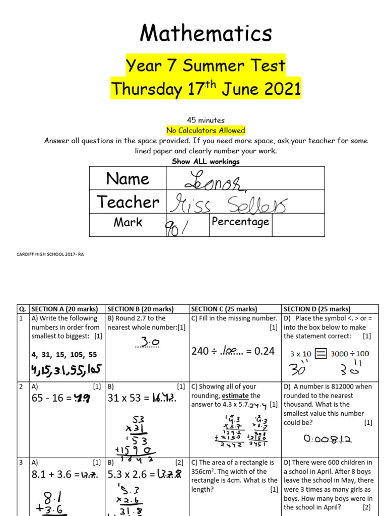Year 7 Maths Test 2021 | PDF | Area | Mathematics