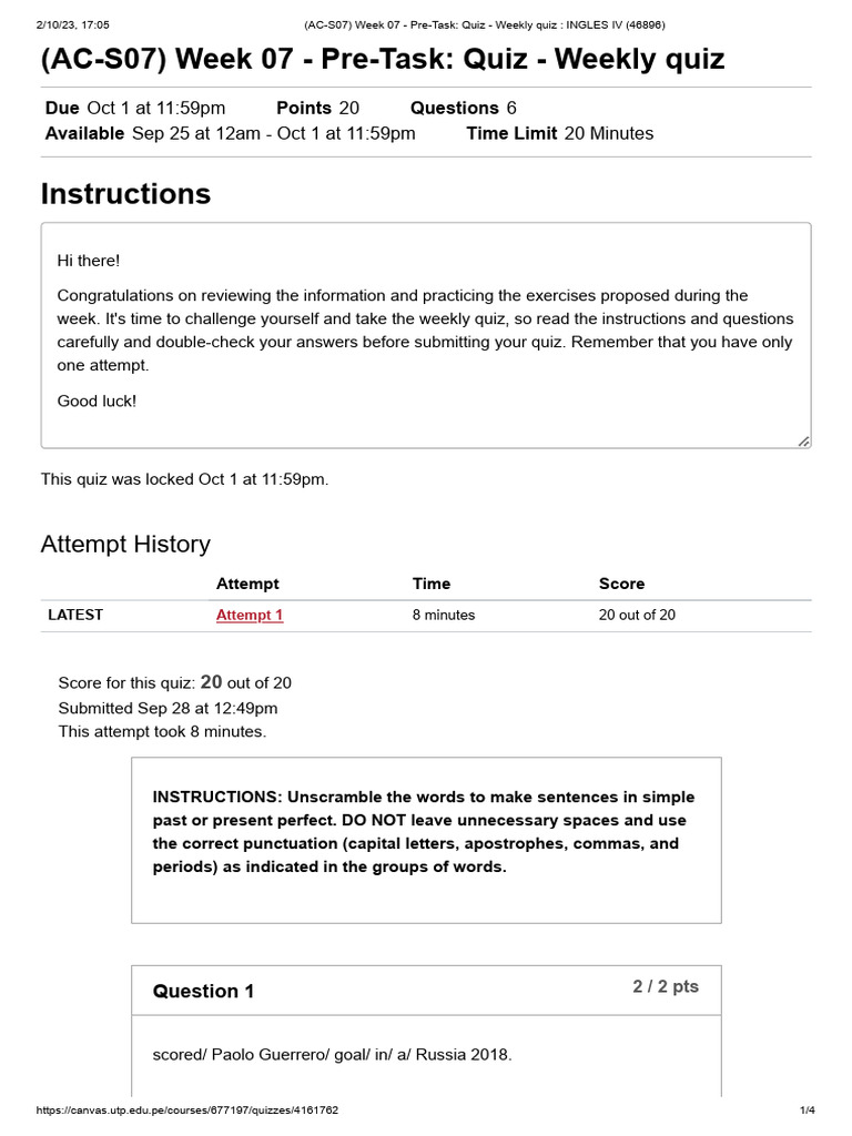 (AC-S07) Week 07 - Pre-Task - Quiz - Weekly Quiz - INGLES IV (46896 ...