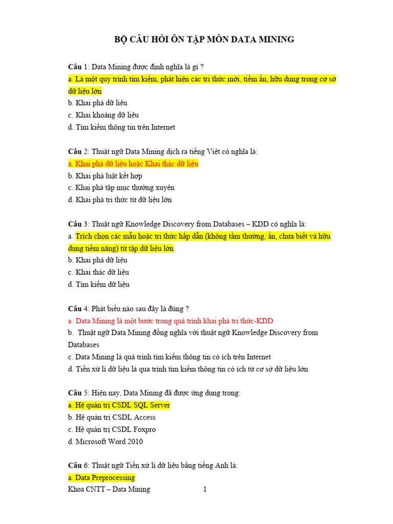 270 Cau Trac Nghiem Data Mining | PDF
