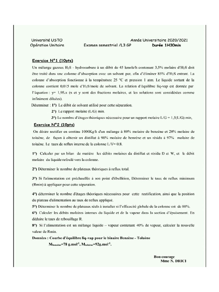 Examen2 Opérations Unitaires | PDF