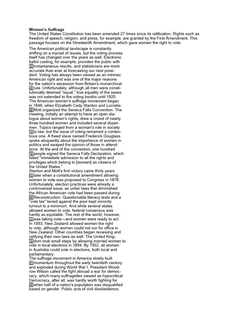 Reading Quiz - Women Suffrage | PDF | Women's Suffrage | Justice