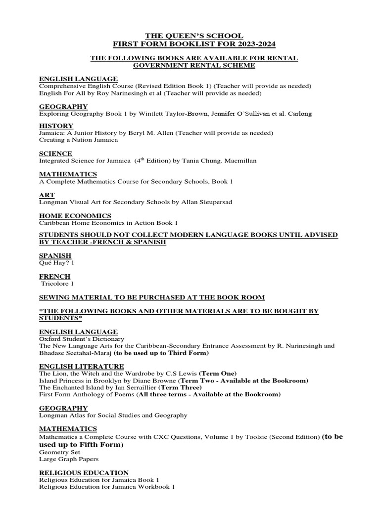 TQS Book List 2023-2024 (1st - 5th Form) | PDF | Sewing | Textiles