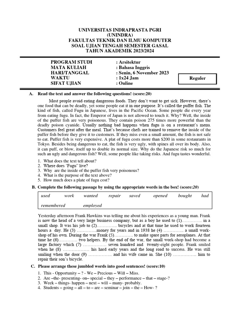 UNINDRA English Midterm Exam 2023 | PDF | Food And Drink