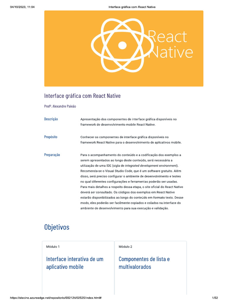 Tema - 02-Interface Gráfica Com React Native | PDF