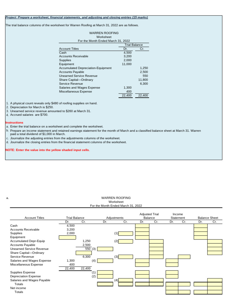 Project: Prepare A Worksheet, Financial Statements, and Adjusting and ...