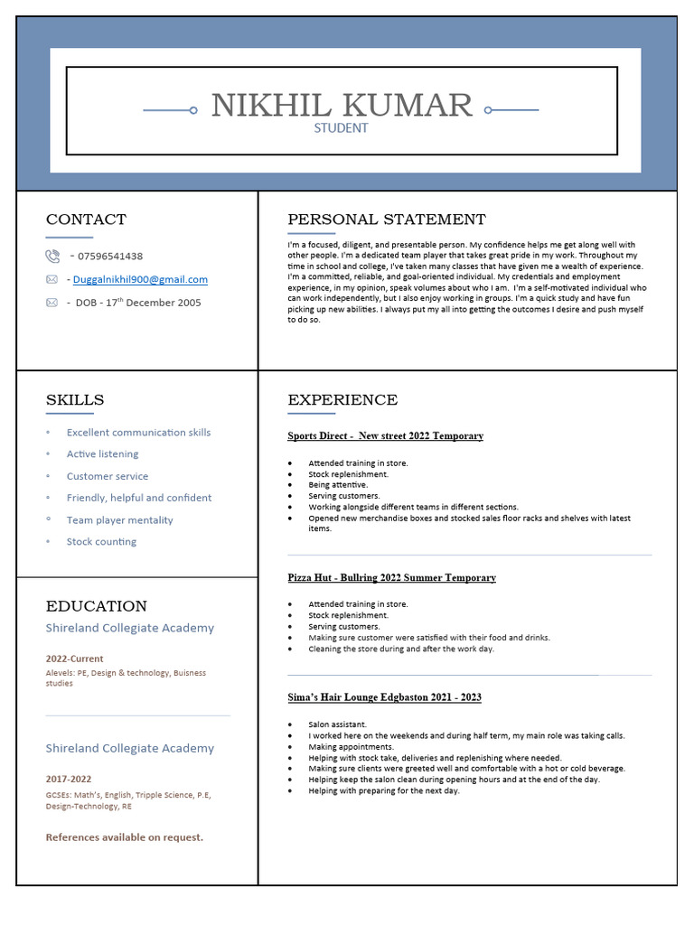 Nikhil Kumar: Student CV & Skills | PDF | Career & Growth
