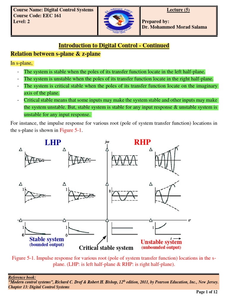 5 - Lecture 5 - S-Plane To Z-Plane Mapping & Transfer Function - (2nd Term 2021-2022) | PDF ...