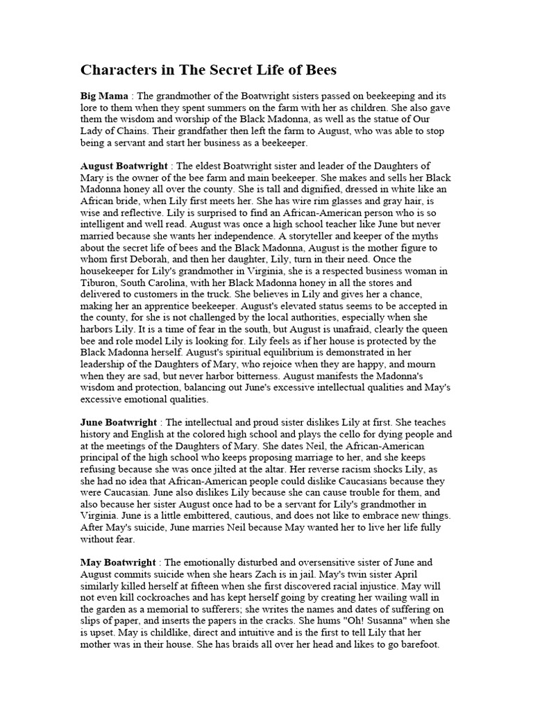 Characters in The Secret Life of Bees | PDF