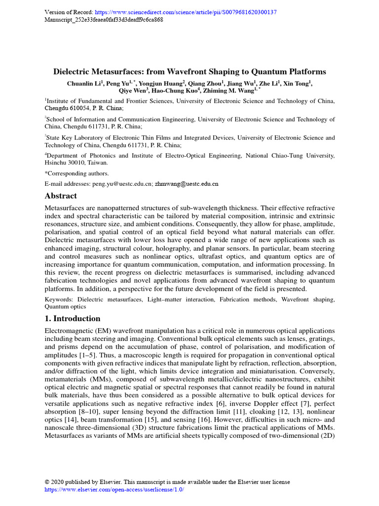 Dielectric Metasurfaces - From Wavefront Shaping To Quantum Platforms ...