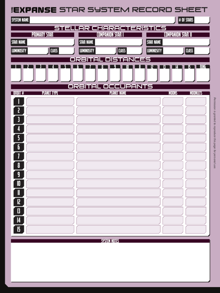 Stellar System Record Sheet Overview | PDF