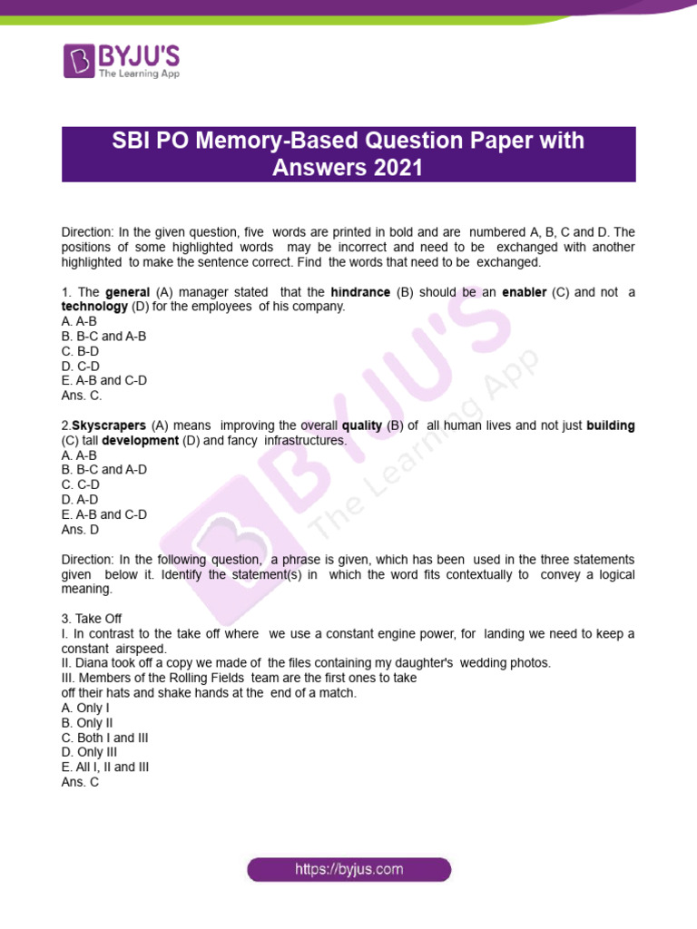SBI PO Question Paper 2021 Prelims 1 | PDF