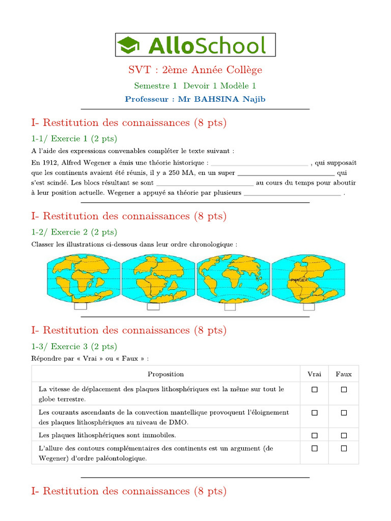 SVT 2ac Semestre 1 Devoir 1 Modele 1 1 | PDF