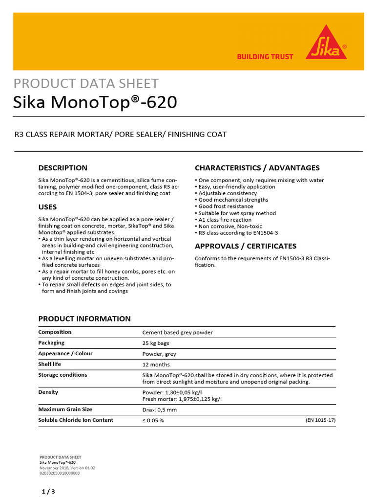 SikaMonoTop-620 en - PDS - TR - (11-2018) | PDF | Concrete | Mortar ...
