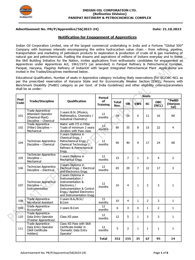 Notification For Engagement of Apprentices | PDF