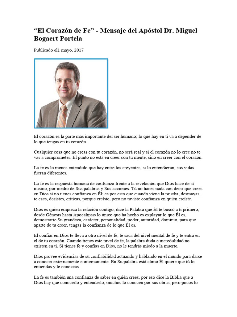 'El Corazón de Fe' - Mensaje Del Apóstol Dr. Miguel Bogaert Portela ...