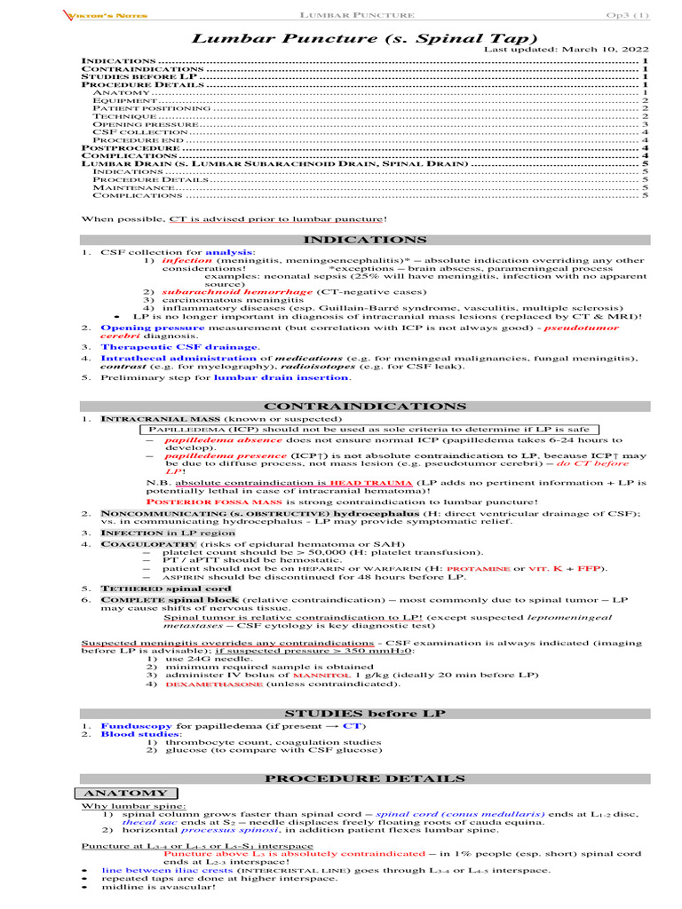 Op3. Lumbar Puncture | PDF | Cerebrospinal Fluid | Meningitis