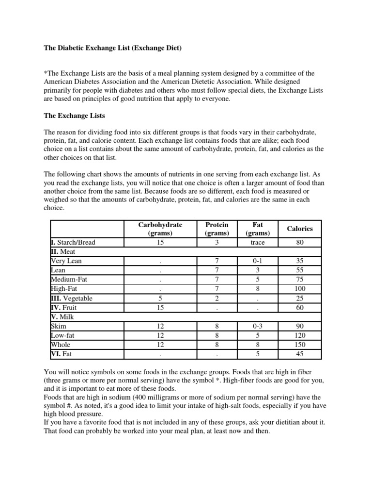 Diabetic Exchange List Overview | PDF | Vegetables | Sugar Substitute