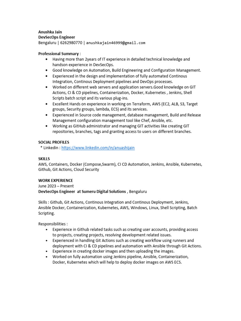 Anushka Jain Resume | PDF | Amazon Web Services | Scripting Language