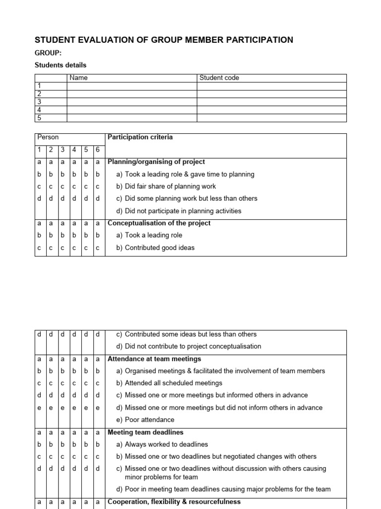 Student Evaluation of Group Member Participation | PDF