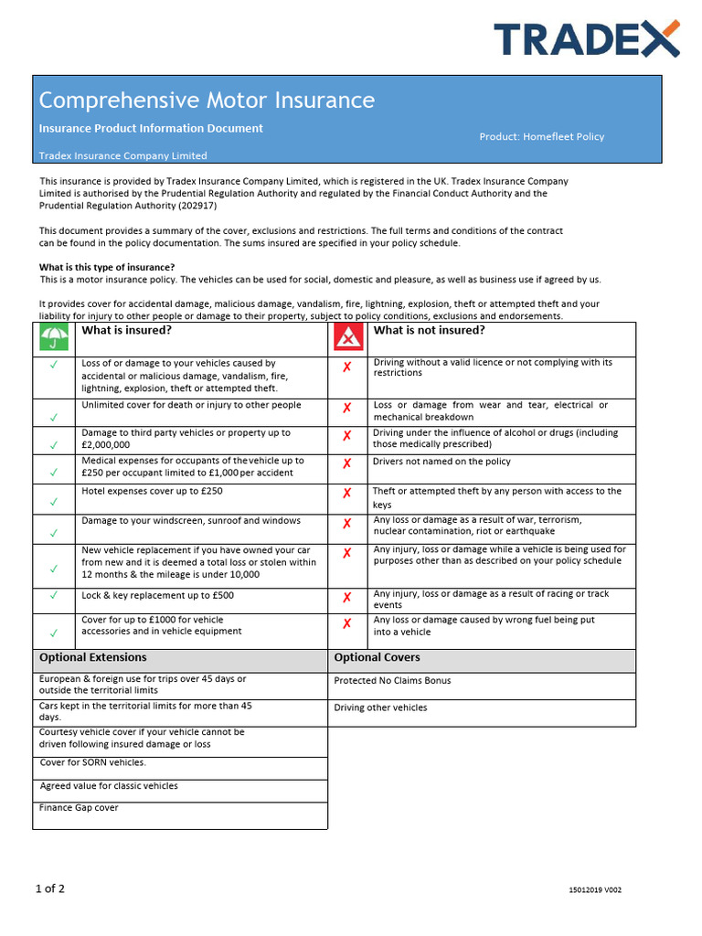 Private Car Tradex IPID Comprehensive | PDF | Insurance | Vehicle Insurance