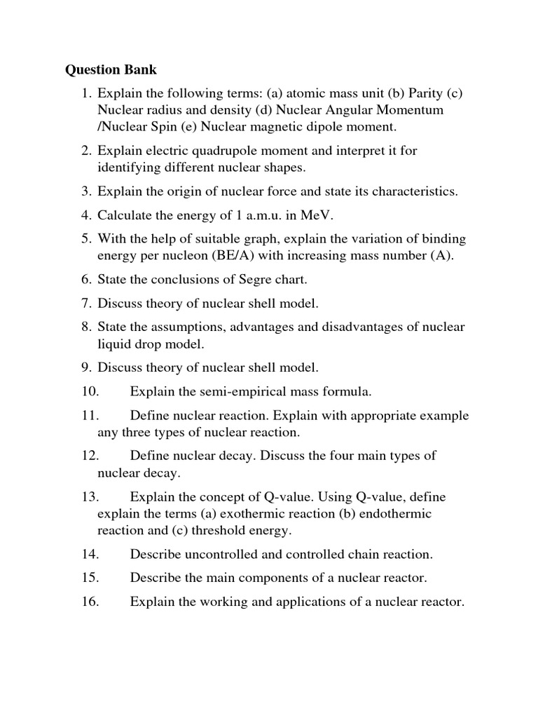 Nuclear Physics Question Bank | PDF | Nuclear Reaction | Nuclear Fusion