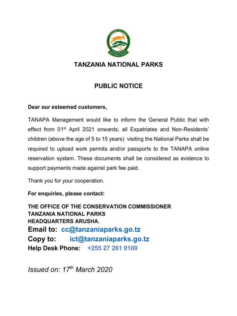 TANAPA Online Reservation Update 2021 | PDF