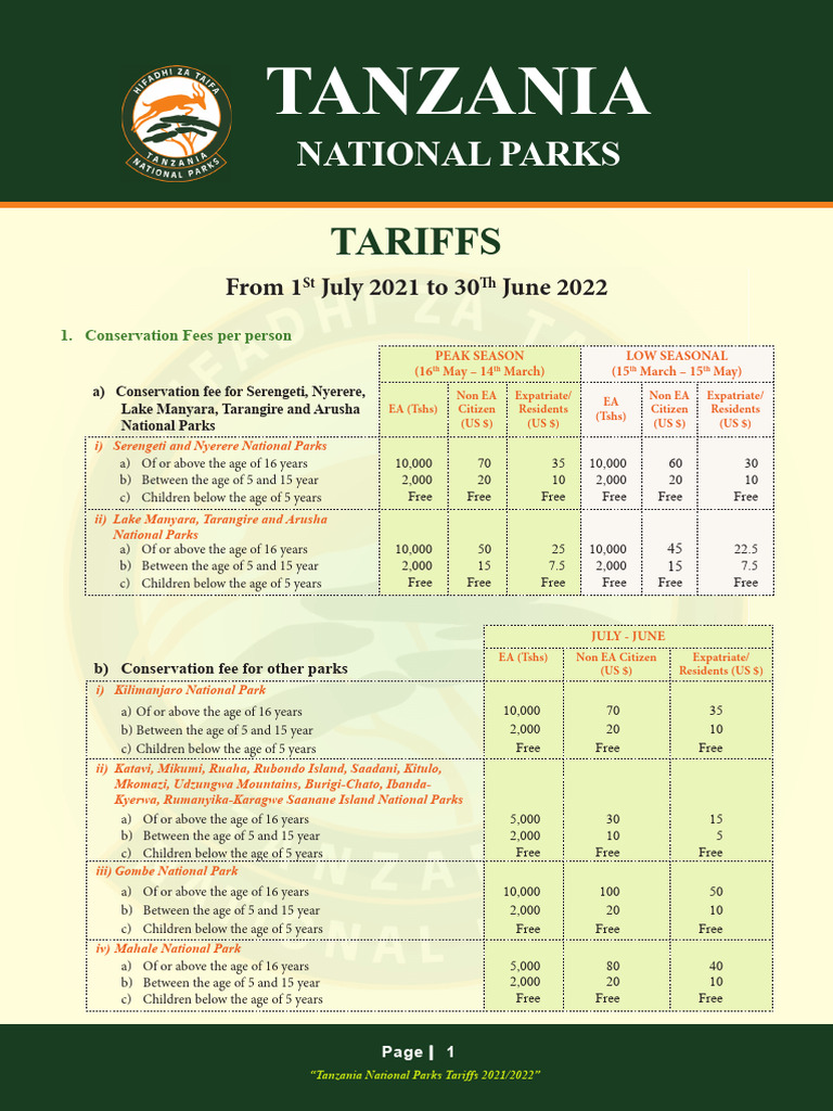 TANAPA Tariffs 2021-2022 | PDF | Tanzania | Transport