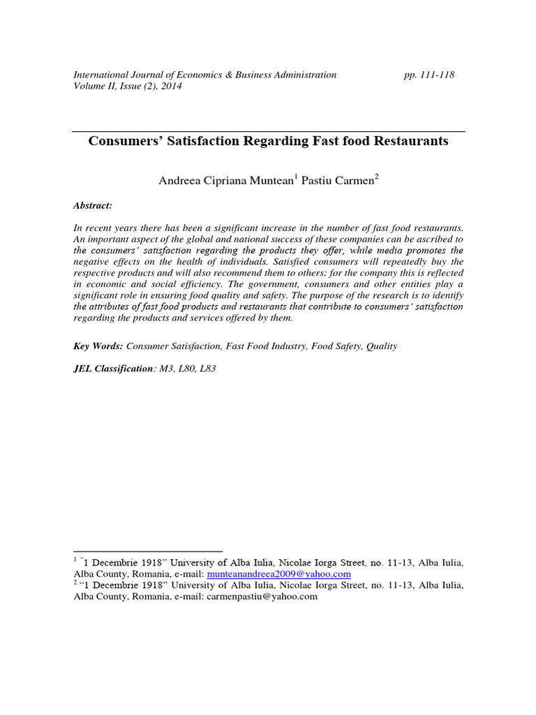 Consumers' Satisfaction Regarding Fast Food Restaurants | PDF | Meal ...