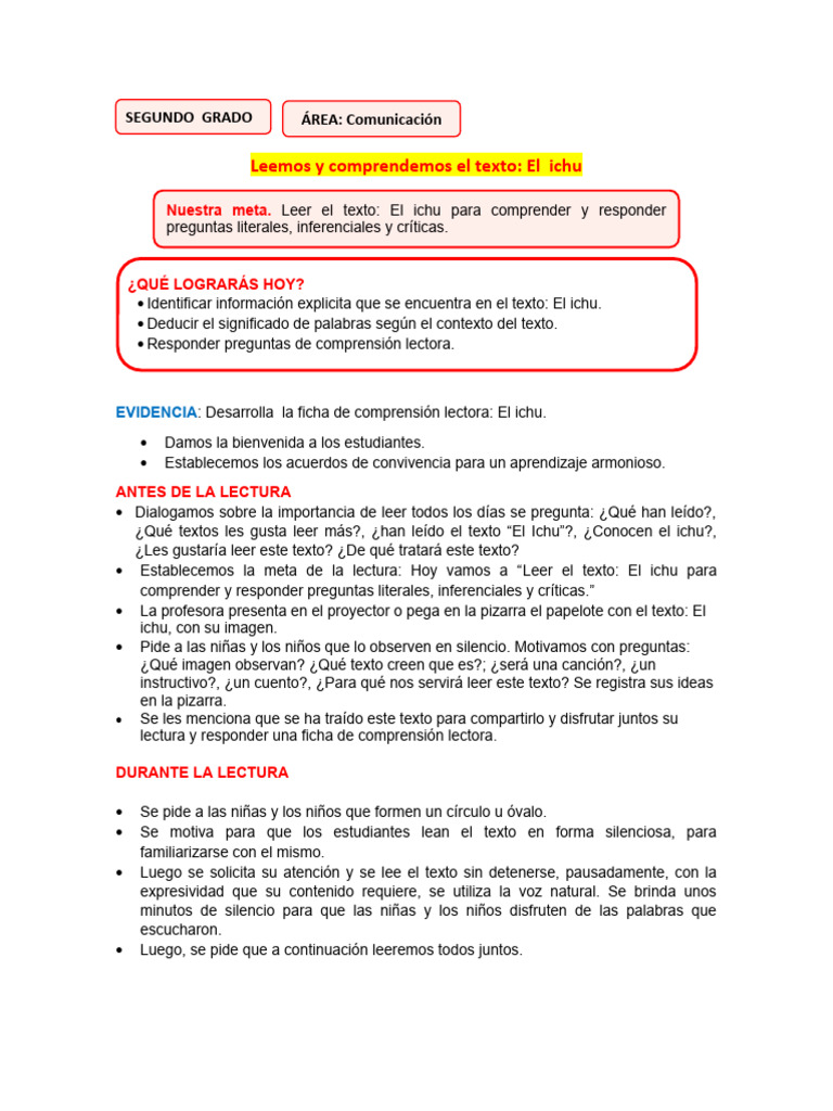 4 Leemos y Comprendemos El Ichu Com | PDF | Comprensión lectora | Aprendizaje