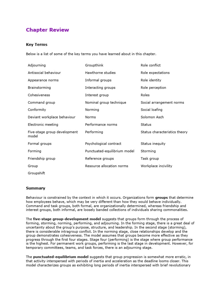 Chapter Review - Ch. 09 - Foundation of Group Behaviour | PDF | Conformity | Group Cohesiveness