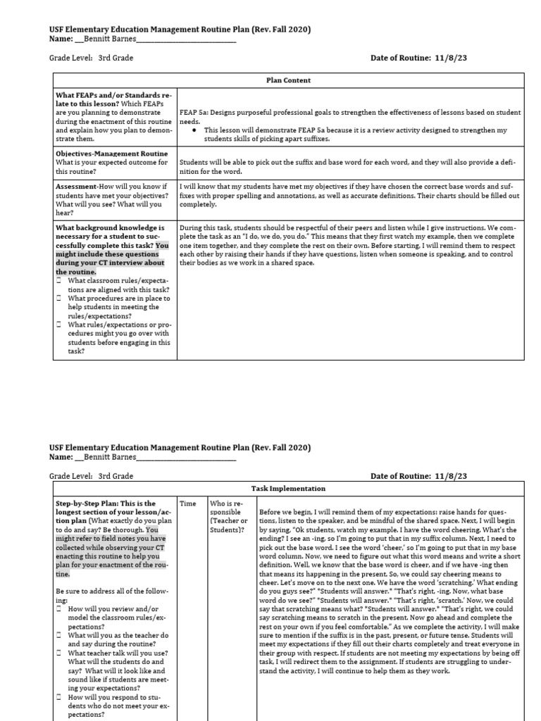 Usf l1 Management Routine Plan 4 1 | PDF | Cognition | Learning