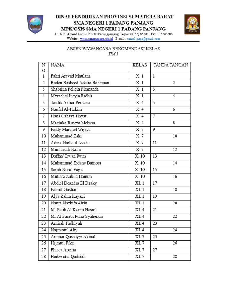 Absen Wawancara Rekomendasi OSIS SMAN 1 | PDF