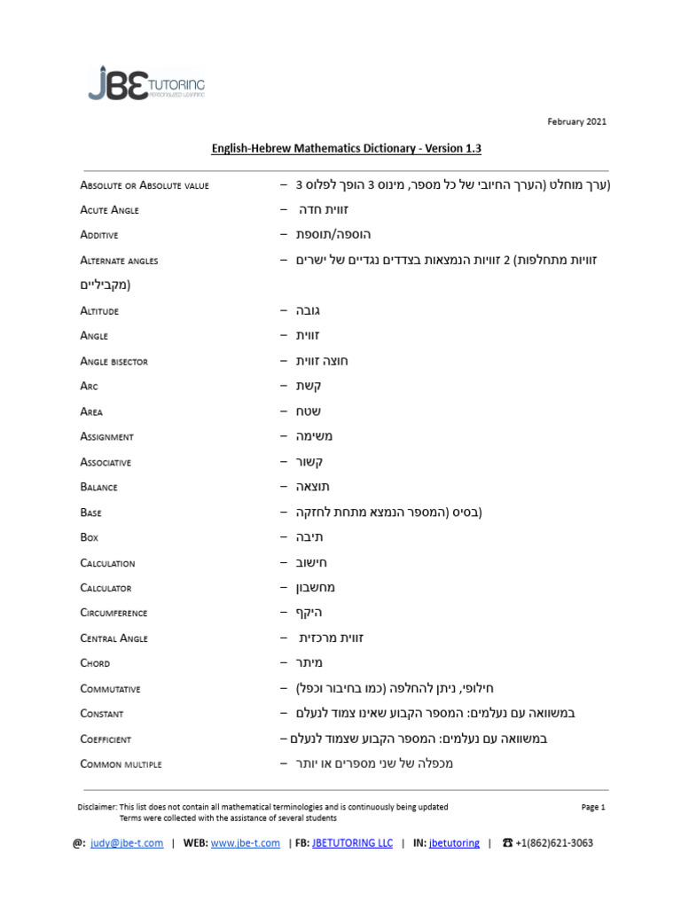 English-Hebrew Mathematics Dictionary | PDF