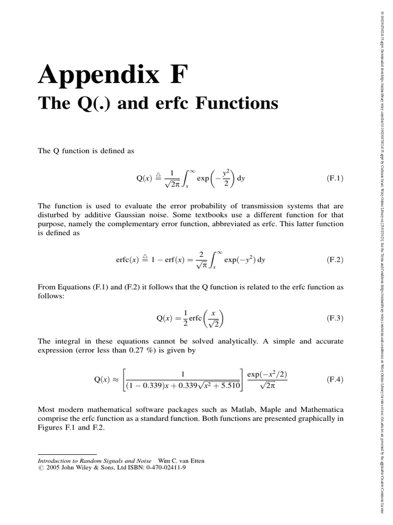 Introduction To Random Signals And Noise 2005 Van Etten Appendix F The Q And Erfc
