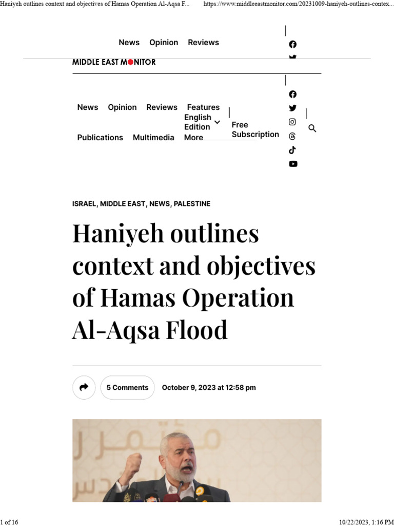 Haniyeh Outlines Context and Objectives of Hamas Operation Al-Aqsa ...