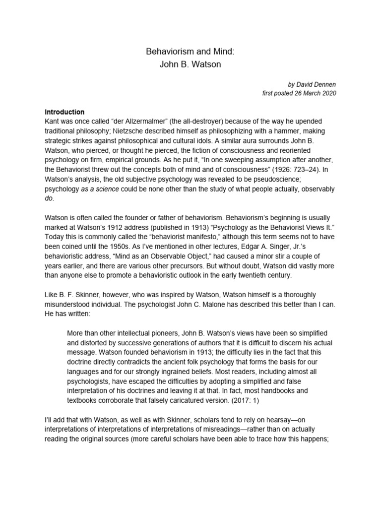 John B. Watson and Behaviorism Explained | PDF | Psychology | Behaviorism