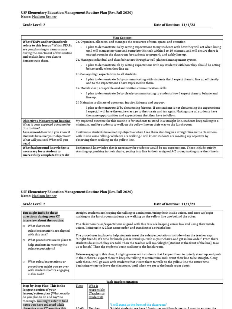 Usf l1 Management Routine Plan | PDF | Classroom | Human Communication