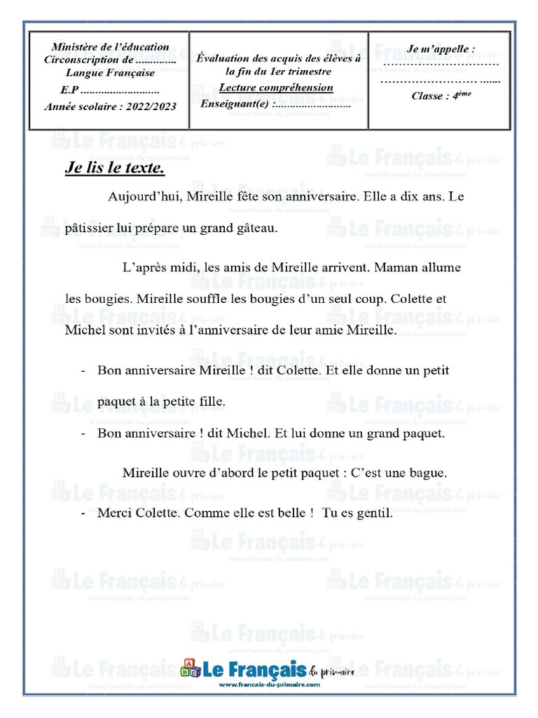 Examen Lecture Comprehension 4eme Annee Premier Trimestre Exemple 1 | PDF