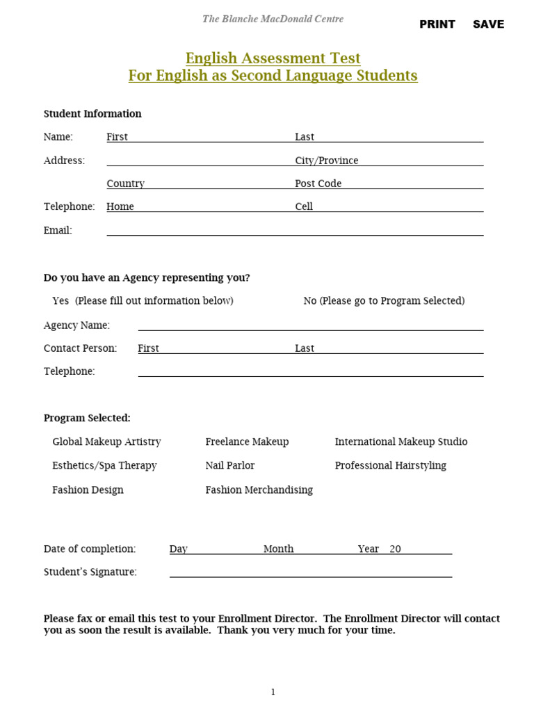 BMC English Skills Assessment Test Fillable | PDF